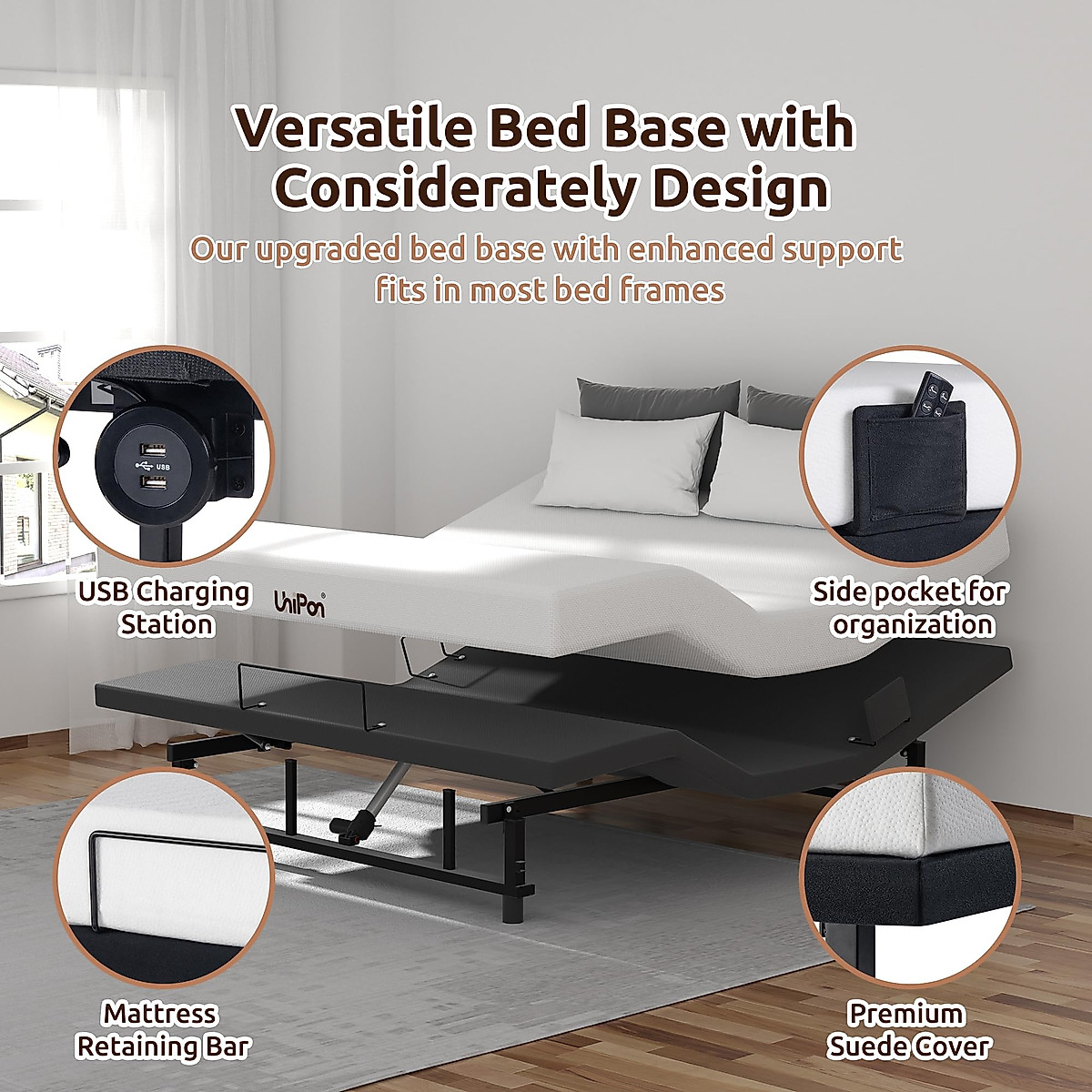 UniPon Adjustable Bed Frame Base King Size, Wireless Remote Control, Zero Gravity, Under Bed Lighting, USB Charging Station, Silent Motor, Mattress Retaining Bar, Anti-Sliping Suede Cover