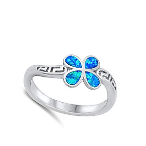 Blue Simulated Opal Greek Key Flower Ring .925 Sterling Silver Size 7