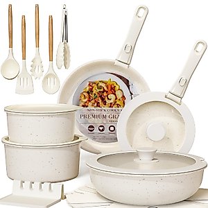 Astercook 21 Pcs Pots and Pans Set Non Stick, Ceramic Cookware Set Detachable Handle, RV Kitchen Cooking Set Removable Handles, Oven Safe, Induction Ready, Stackable Non-stick Set, Cream White