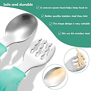 HIWOOD Baby Spoon and Fork Training Set with Travel Case, Toddler Utensils Silverware Set, 316 Stainless Steel and Silicone Flatware set for kids Self Feeding(Cow, Green)