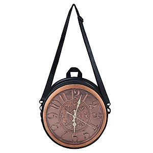 Salabomia Retro Vintage Clock Print Round Crossbody Tote Handbag for Women, Brown PU Women's Shoulder Handbags, Portable Durable Clutch Purse for Travel Work