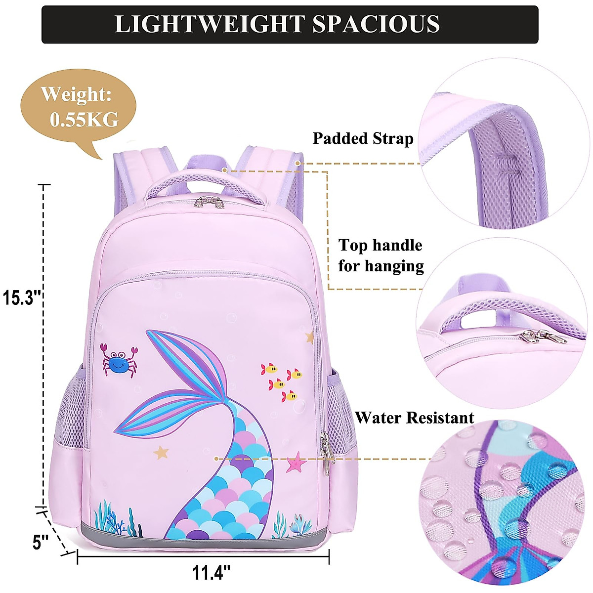 Backpack for Girls Kids Backpack with Lunch Box Mermaid Preschool Kindergarten Back Pack Bookbags with Chest Strap