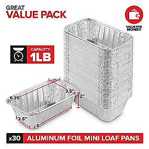 Stock Your Home 1 Lb Aluminum Foil Mini Loaf Pans (30 Pack) Disposable Small Loaf Pan – 1 Pound Baking Tin Liners, Perfect to Bake Cakes, Bread Loaves, and Meat - 6 x 3.5 x 2