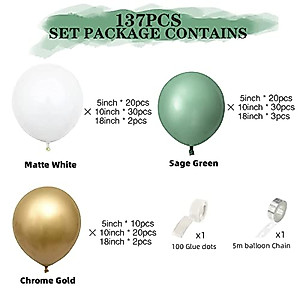 YSF Sage Green Balloon Garland Arch Kit 137pcs with Matte White Balloons and Chrome Gold Balloons for Wedding Birthday Party Baby Shower Party Background Decoration