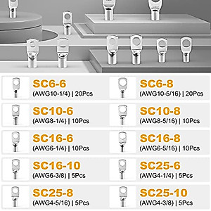 Zhushan 100Pcs Tinned Copper Wire Lugs Kit, Heavy Duty Wire Battery Lugs Cable with 120pcs Heat Shrink Tube,Crimp Battery Cable Ends Tinned,Tubular SC Ring Terminals Connectors
