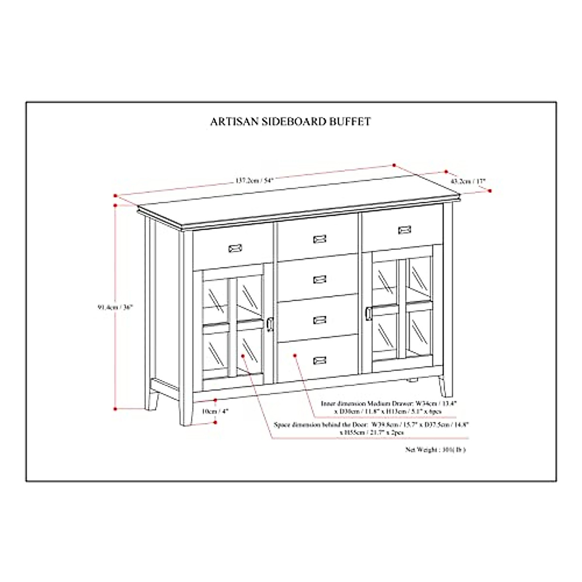 SIMPLIHOME Artisan SOLID WOOD 54 Inch Wide Contemporary Sideboard Buffet in White, For the Dining Room and Kitchen