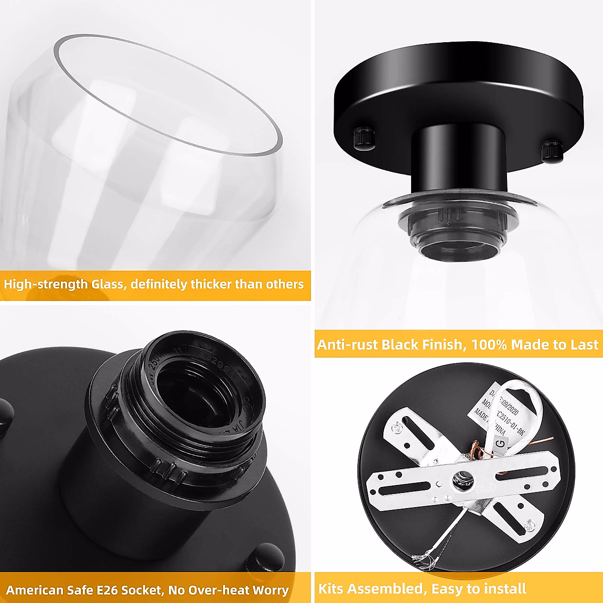 2-Pack Modern Industrial Semi Flush Mount Ceiling Light with Clear Glass Shade, Black Farmhouse Ceiling Light Fixtures for Hallway Bedroom Porch Kitchen Corridor, E26 Socket, Bulbs Not Included