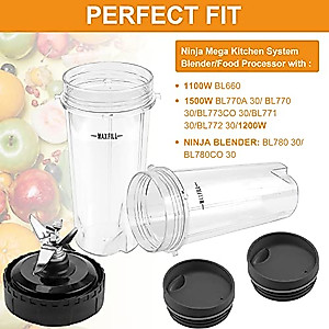 16 oz Blender Cups2 & 6 Fins Blade Assembly-Food Grade Material-Compatible w/Ninja BL770 BL771 BL772 BL740 BL780 BL660 BL663 Professional Smoothie Blender