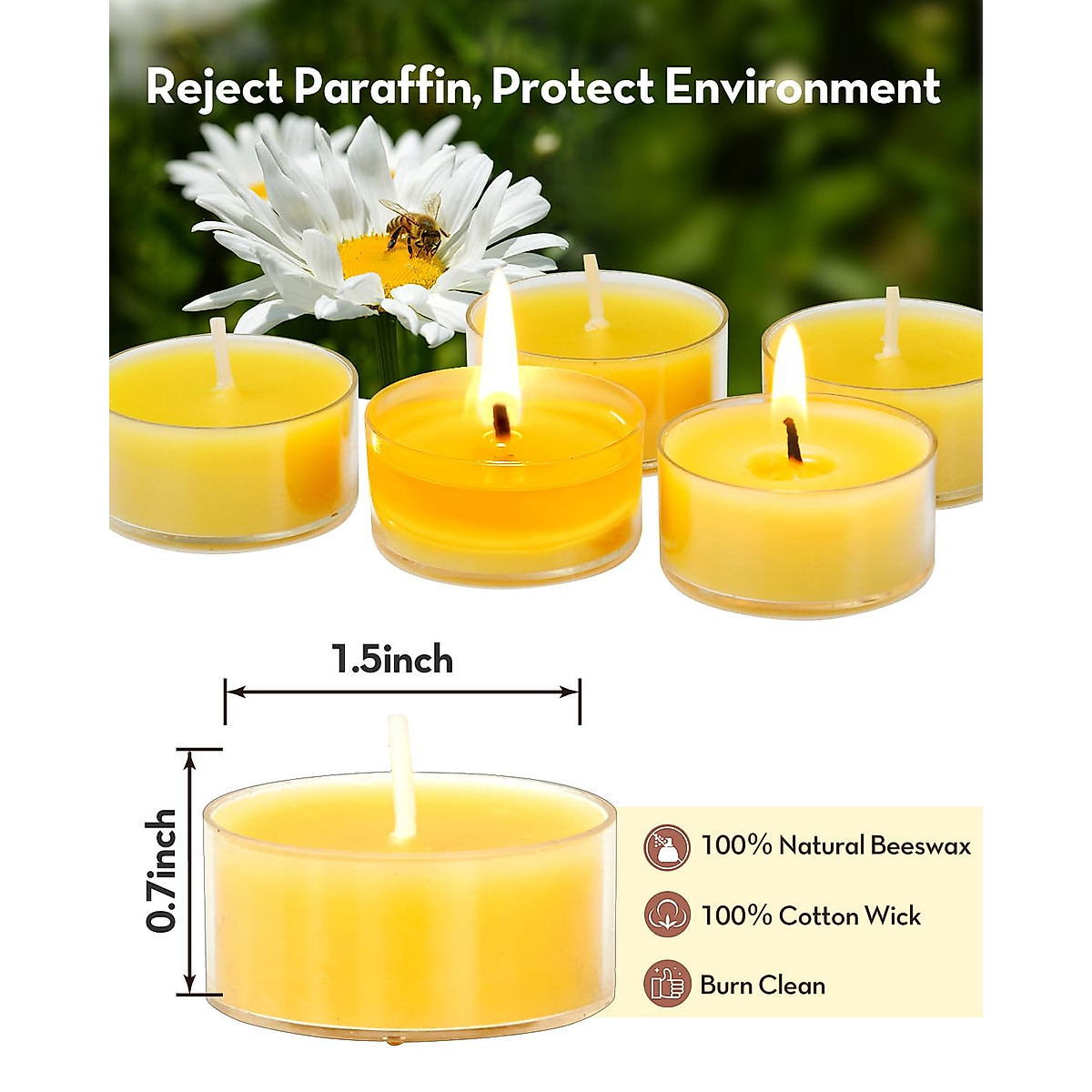 Ashlux Unscented Beeswax Tealight Candles 20 Pack, 4 Hours Long Burning Handmade Yellow Tea Lights Candles, Clear Cup Smokeless Beeswax Candles for Wedding, Party, Centerpiece & Home Decor