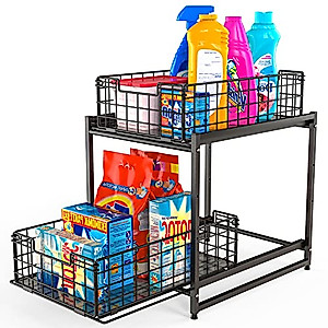 MaraFansie Under Kitchen Cabinet Sink Organizer and Storage with Sliding Drawer, Wider 2 Tier Stackable Basket Rack for Kitchen & Bathroom with Larger Capacity Heavy Duty, Black