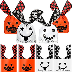 100 Pieces Halloween Plastic Bags Candy Bags Orange Pumpkin and White Ghost Trick or Treat Plastic Bags for Party Favor, Treats Snacks Halloween Party Supplies Decoration