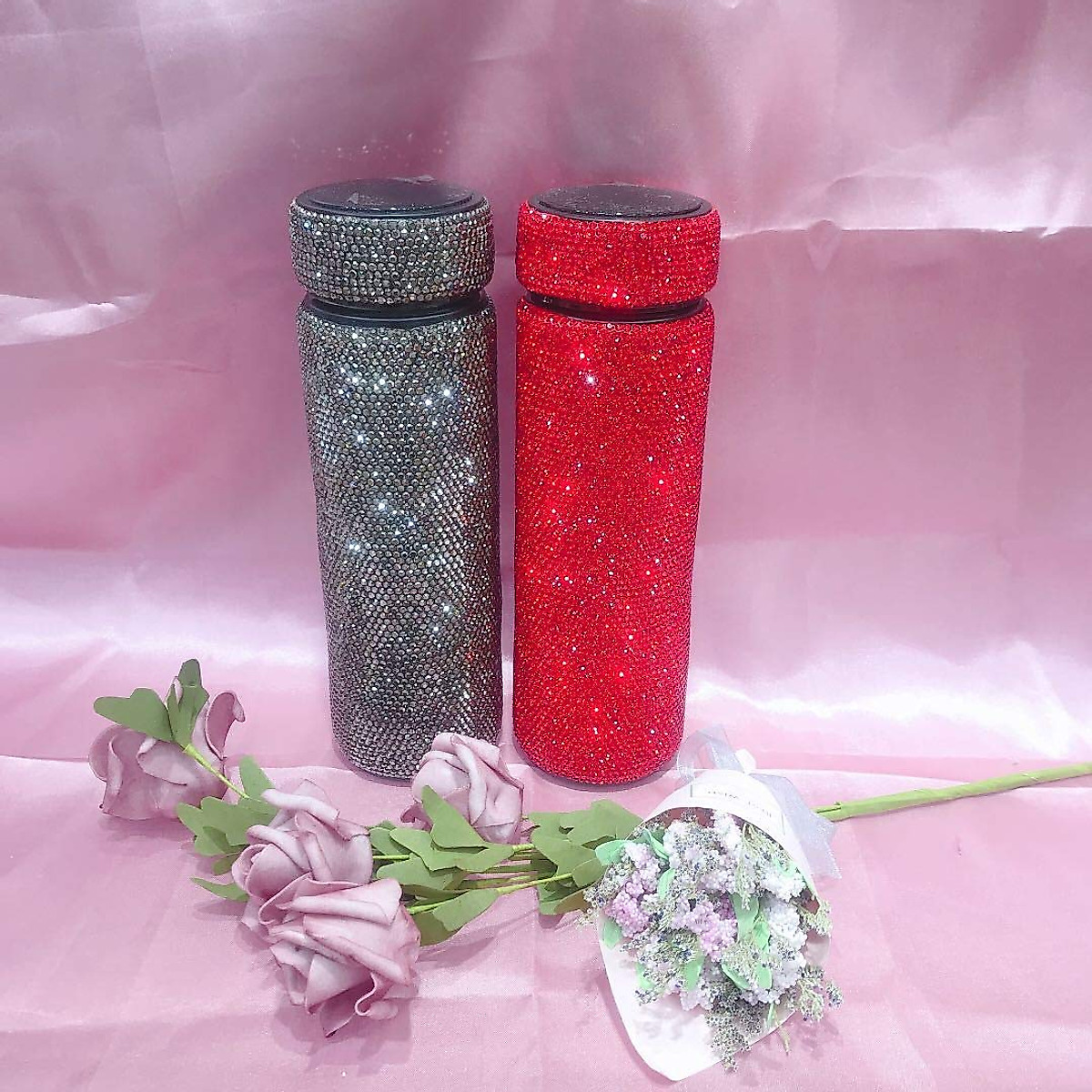 Bling Cup 17oz Rhinestone Water Bottle Glitter Tumbler Diamond Glitter Cups Studded Skinny Insulation Cup Sparkly with LED Number (white)