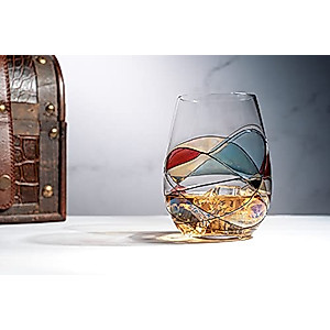 The Wine Savant Artisanal Hand Painted Stemless - Gift for, Friends, Girlfriends, Renaissance Stain-glassed Windows Wine Glasses Set of 2 - Gift Idea for Birthday, Housewarming - Extra Large Goblets