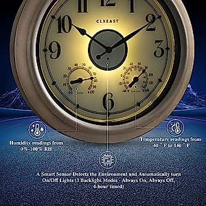 CLXEAST Illuminated Outdoor Clocks Waterproof 18 Inch with Smart Sensor,Large Outdoor Pool Clock with Temperature & Hygrometer,Wall Clock for Living Room Decor,Grey Oak/Faux Barnwood