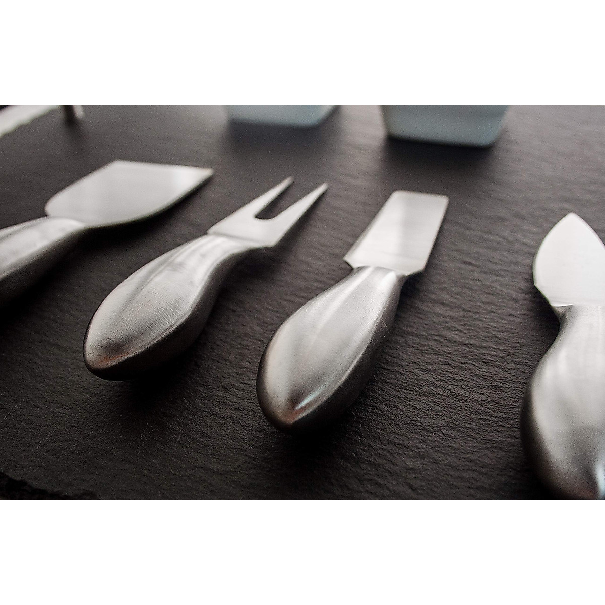 Slate Cheese Board Set with Handles | 9 pcs - 12" x 16" Serving Tray, Stainless Steel Cheese Knife Set with Ceramic Bowls + Soapstone Chalk