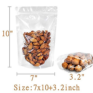 100 Pack Smell Proof Mylar Bags 7x10+3.2inch, Resealable Stand Up Food Storage Bags Clear Reusable Self Seal Zipper Lock Mylar Bags for Food, Seeds, Pills