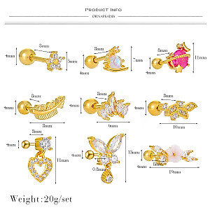 SCORAMAL 9 Pcs Tragus Helix Earrings Cartilage CZ Tragus Piercing Jewelry Butterfly Star Flower Stud Earring for Women Girls (Gold)