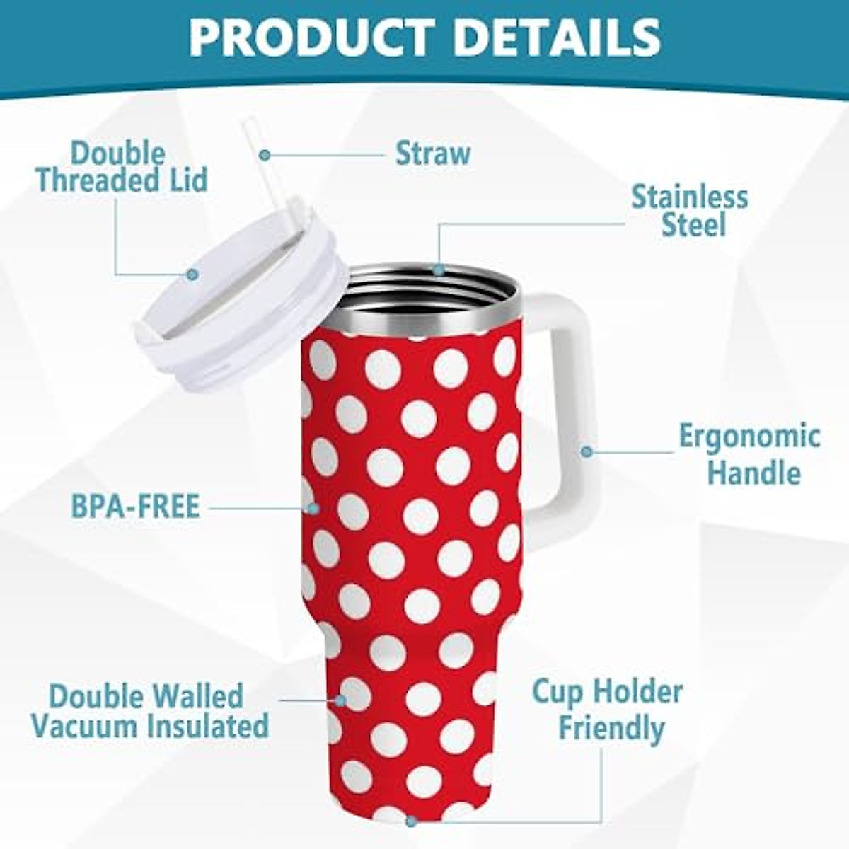 MCHIVER Red Polka Dots Tumbler with Lid and Straw 40 oz Insulated Water Bottle Leakproof Travel Mug Cup for Coffee Water Tea