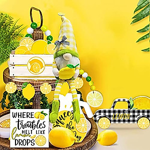 Cocomong Lemon Decor, Lemon Decorations for Kitchen, Lemon Tiered Tray Decor 6 Pieces, Farmhouse Summer Yellow Lemonade Sign for Serving Tray, Decorative Wood Block White and Black Buffalo Plaid Truck