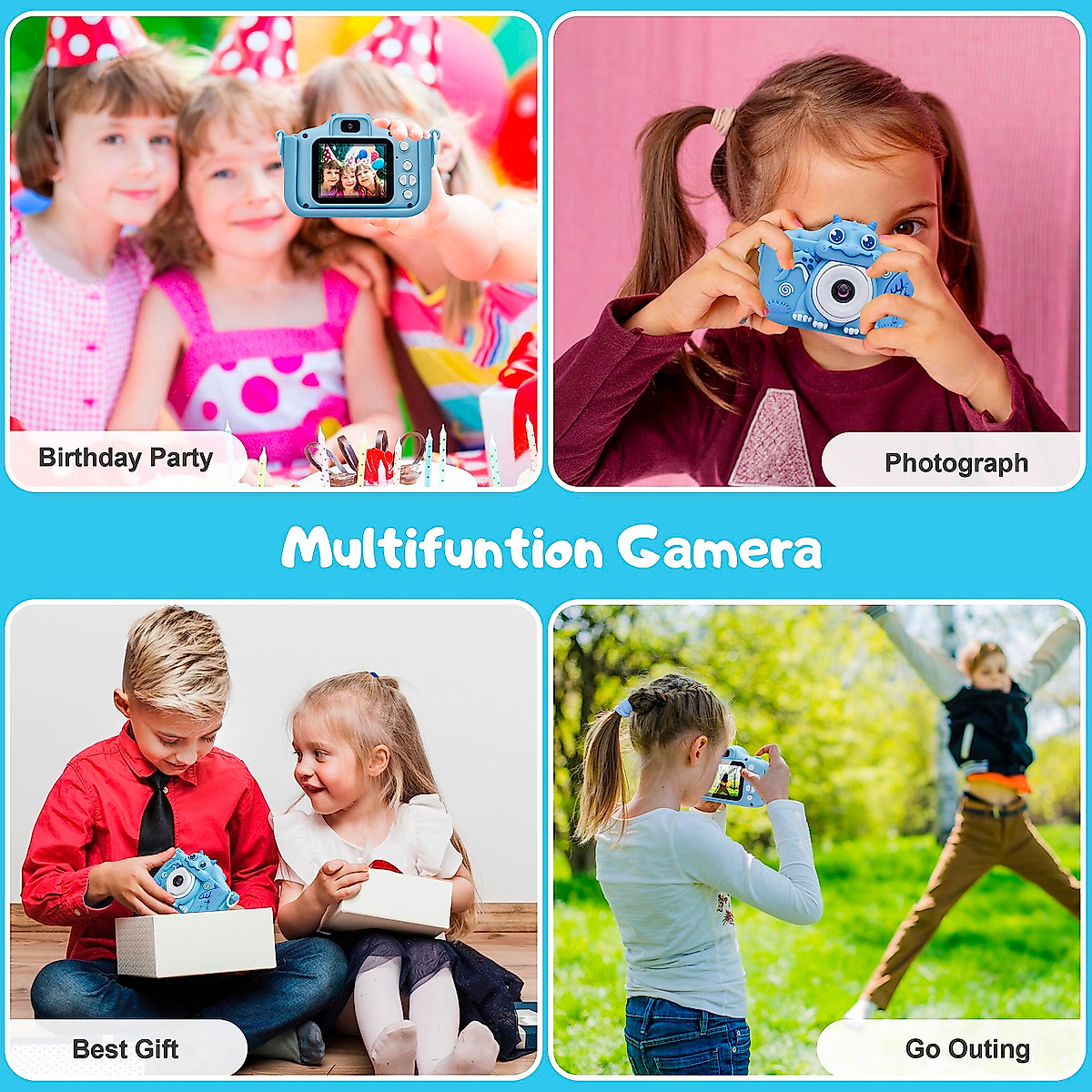 iMisH Upgrade 48M Kids Camera for Girls Boys Age 3-9, 1000mAh Large Battery with 1080p Video Camera for Kids - Shockproof Silicon Case and 32GB TF Card, Toddler Camera for Selfie (Blue)