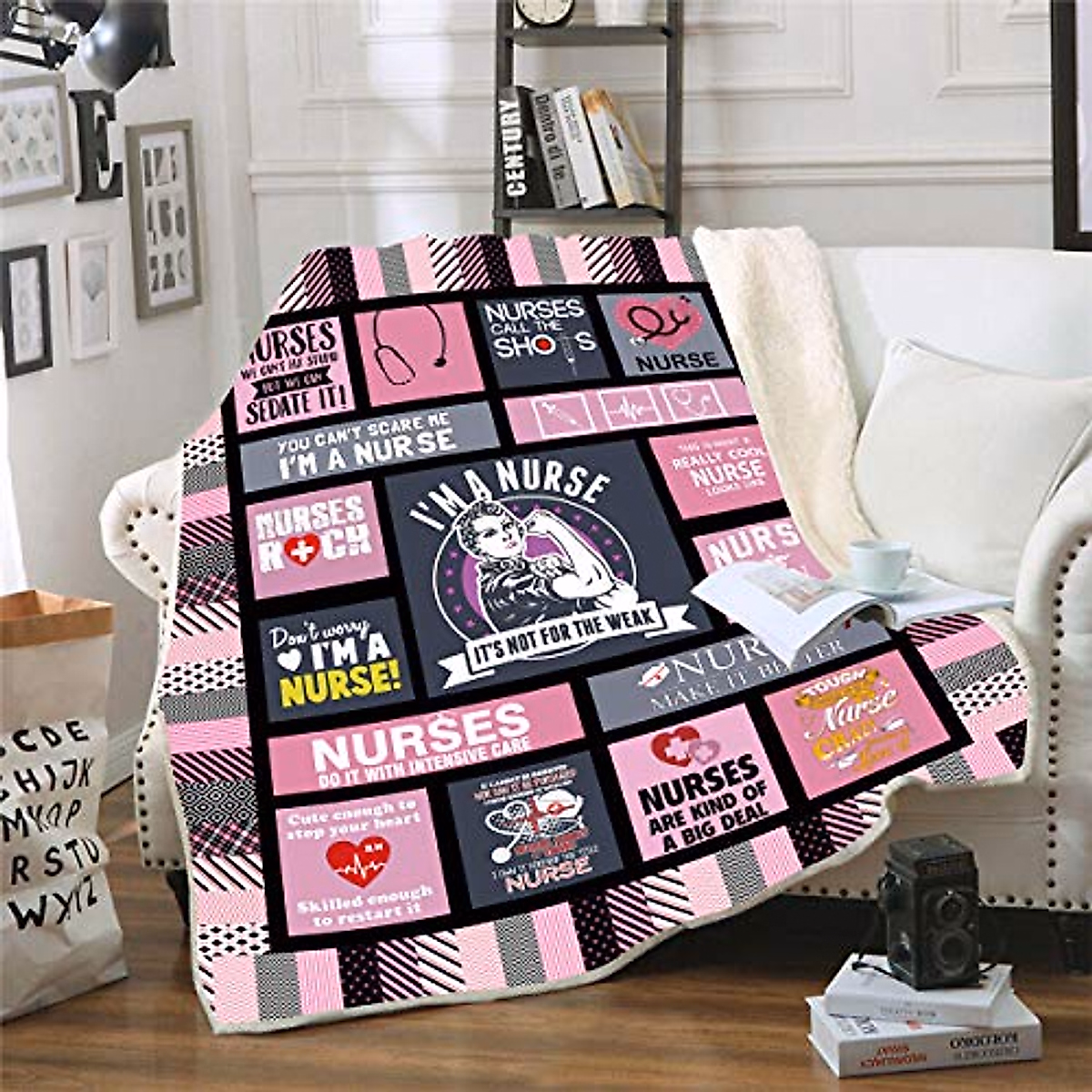 Ultra Soft Nurse Theme Blanket Microfiber Plush Sherpa Blanket Gifts for Women Nurses Warm Cozy Fuzzy Throw Blanket for Bed and Couch (Nurse Blanket01, 130cm x 150cm(51'' x 59''))