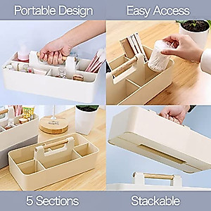 EZOWare Set of 3 Plastic Stackable Caddy Tote Set, Large Storage Organizer Bins with 5 Compartment Divider and Handle for Makeup, Vanity, Bathroom, Office Supplies, School, Crafts, Nursery - 3 Colors