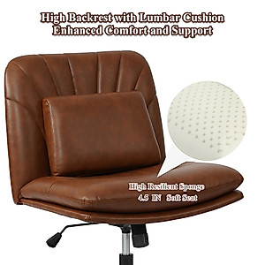 Polarisys Criss Cross Office Chair Armless Desk Chair with Wheels Pu Leather Cross Legged Office Chair, Wide Brown Desk Chairs Cross Legged Meditation Chair with Lumbar Cushion for Home & Office