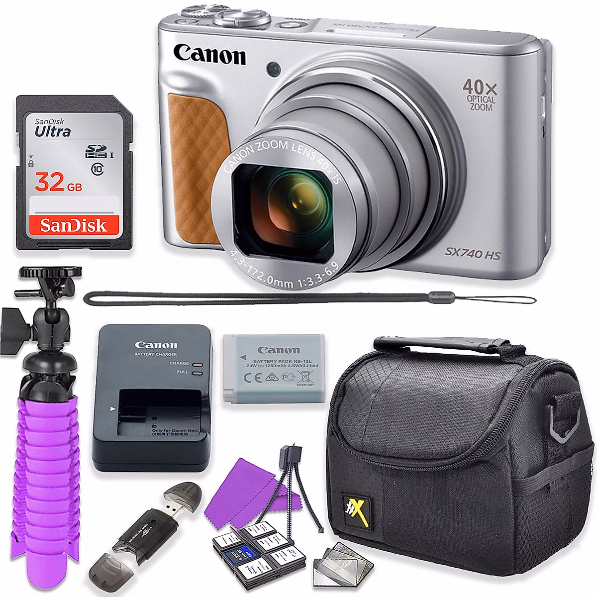 Canon PowerShot SX740 HS Digital Camera (Silver) Accessory Bundle with Flexible Spider Tripod, 32GB Memory, Camera Case and More..