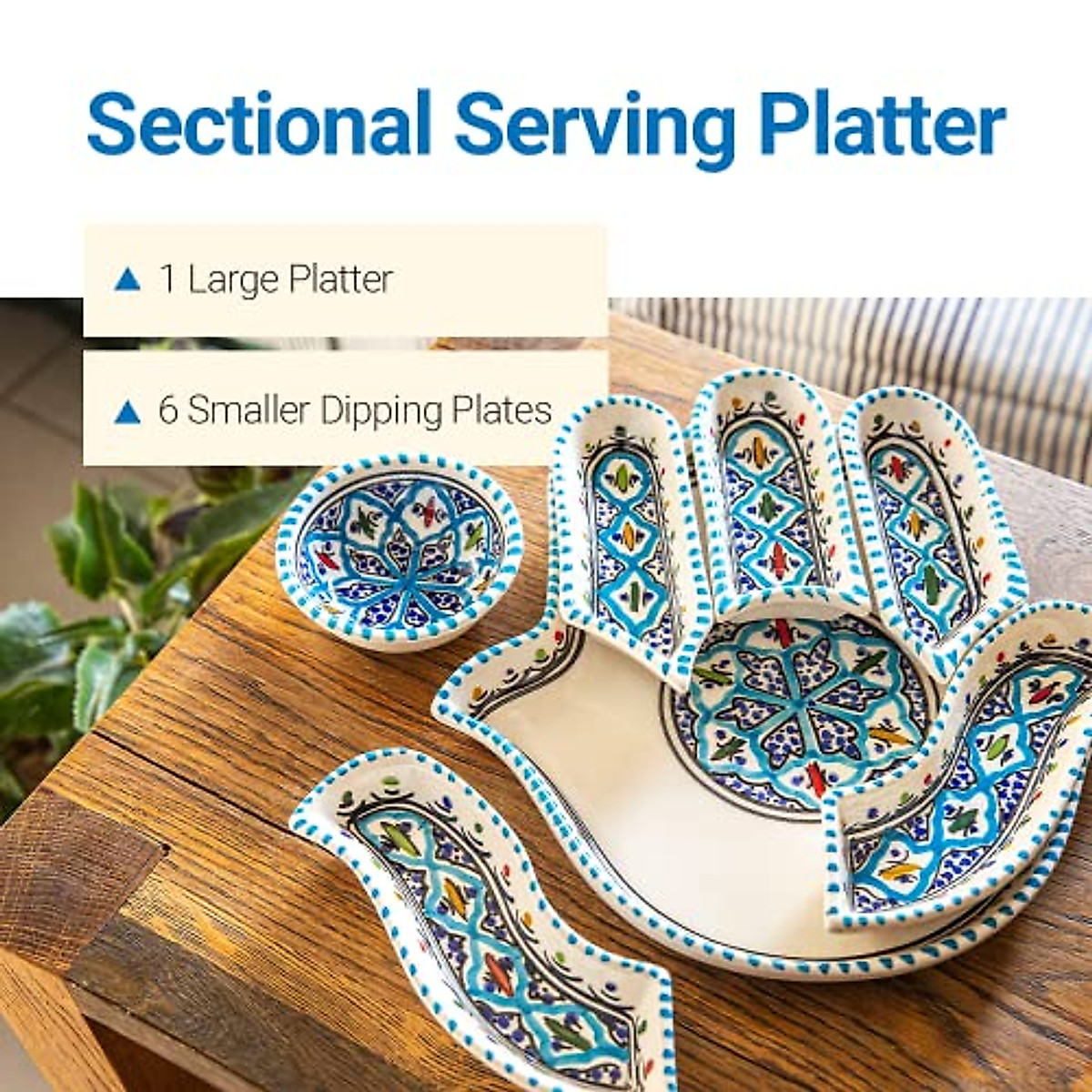 KAMSAH Plate Set & Serving Platter, Custom Hand-Painted Ceramic Appetizer Hamsa Tray Serving Dishes for Celebrations, Parties and Events (Hand - Large, Turquoise)