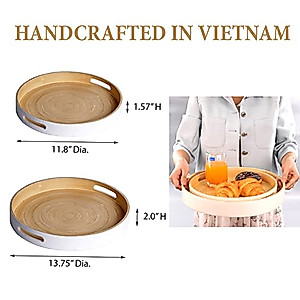 Bamboo Serving Tray with Handles Set of 2, Round Shallow Bamboo Tray, Natural Bamboo Wood Decorative Rustic Trays for Coffee Table, Tea, Food, Cocktail, Drink, Ottoman, Breakfast Party (Matte White)