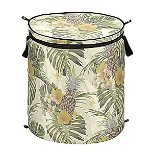 ALAZA 50 L Folding Pop-Up Clothes Hampers, Tropical Flowers Pineapple Palm Leaf Monstera Laundry Basket for Room, College Dorm or Travel