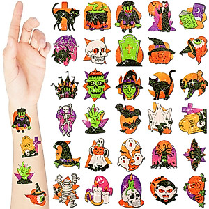 Libima 300 Pcs Halloween Glitter Tattoos for Kids Halloween Party Costume Accessory Glitter Temporary Tattoos Body Stickers Glitter Pumpkin Witch Hat Ghost Cat Skull Body Face Tattoos Stickers