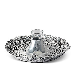Arthur Court Aluminum Metal Olive Pattern Tidbit Cheese Hors d'oeuvres Tray with Glass for Toothpick - Outdoor Entertaining Platter Plate Aram 10.5 inch Diameter x 2 inch Tall