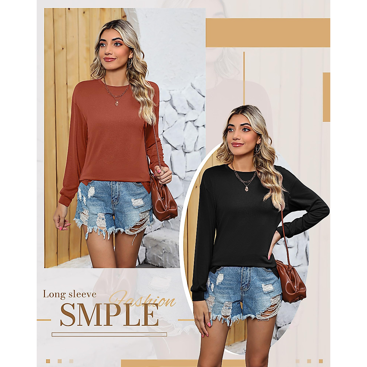 Ficerd 2 Pack Women's Long Sleeve Shirts, Casual Loose Fit Tunic Tops Crew Neck Trendy Tee Solid Color Pullover Shirts (Black, Pumpkin,X Large)