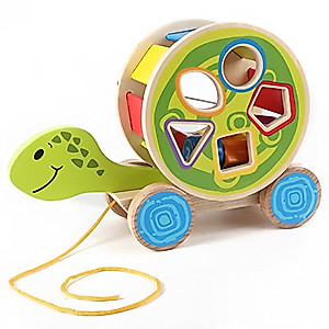 Hape Turtle Shape Sorter Wooden Toys Turtle Wooden Blocks Shape Sorter Pull Toys for Toddlers, Infant Shape Sorter Travel Toys