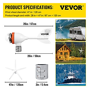 VEVOR Wind Turbine Generator, 12V/24V Wind Turbine Kit, 500W Wind Power Generator with MPPT Controller 5 Blades Auto Adjust Windward Direction Suitable for Terrace, Marine, Motor Home, Chalet, Boat