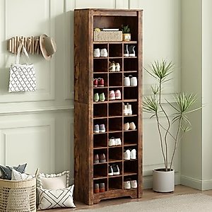 Goohome Stylish Design 30 Shoe Cubby Console, Contemporary Free Standing Tall 10-Tier Shoe Storage Cabinet with Multiple Storage Capacity and Versatile Use for Hallway, Entryway, Space-Saving