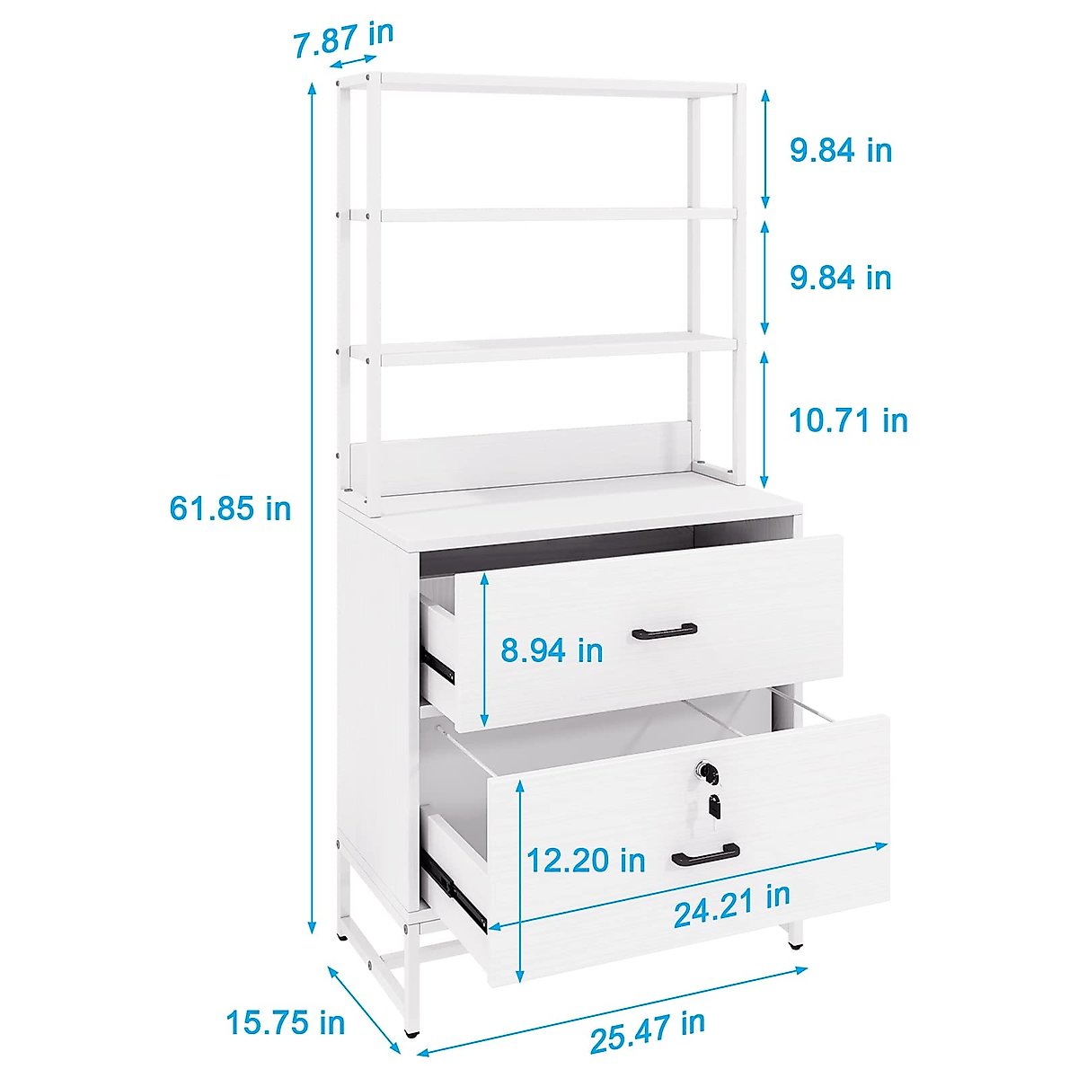 Jehiatek File Cabinets for Home Office with Lock 2 Drawer, Large Vertical Filing Cabinet with Bookshelf, Sturdy, Durable, Easy to Assemble and Clean (White), 25.59'D x 15.75'W x 62'H
