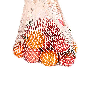 Lechmornine 3-pack cotton storage net bags, Reusable shopping bags, Premium mesh Grocery bags, Portable/washable/Durable string bags with Short Handle for Fruits, Vegetables, some balls, Beige