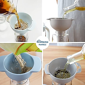 NileHome Funnels for Kitchen Use Removable Kitchen Funnels Set of 3 Food Grade PP Plastic Funnels Wide Mouth Oil Funnels with Strainer Filter for Filling Bottles, Liquid, Powder, Solid Particles