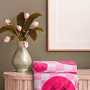 Hot Pink Preppy Throw Blanket Cute Flannel Soft Blanket Plush Cozy Fuzzy Blanket Preppy Bedding Stuff Preppy Room Decor for Dormitory Living Room 50 x 60 (Checkered Smile Face)