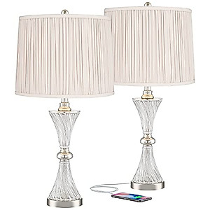 Regency Hill Luca Modern Table Lamps Set of 2 with USB Charging Port 25 1/2" High Twisted Glass Oyster Shirred Fabric Drum Shade for Bedroom Living Room Bedside Nightstand House Desk Office