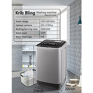 KRIB BLING Full-Automatic Washing Machine with LED Display, 17.7 lbs Portable Compact Laundry Washer with Drain Pump, 10 Wash Programs 8 Water Levels, Grey, XQB201A-GREY 177