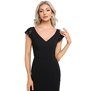 Ever-Pretty Women's Elegant Sequins Short Sleeve V Neck Long Maxi Formal Dresses Black US6