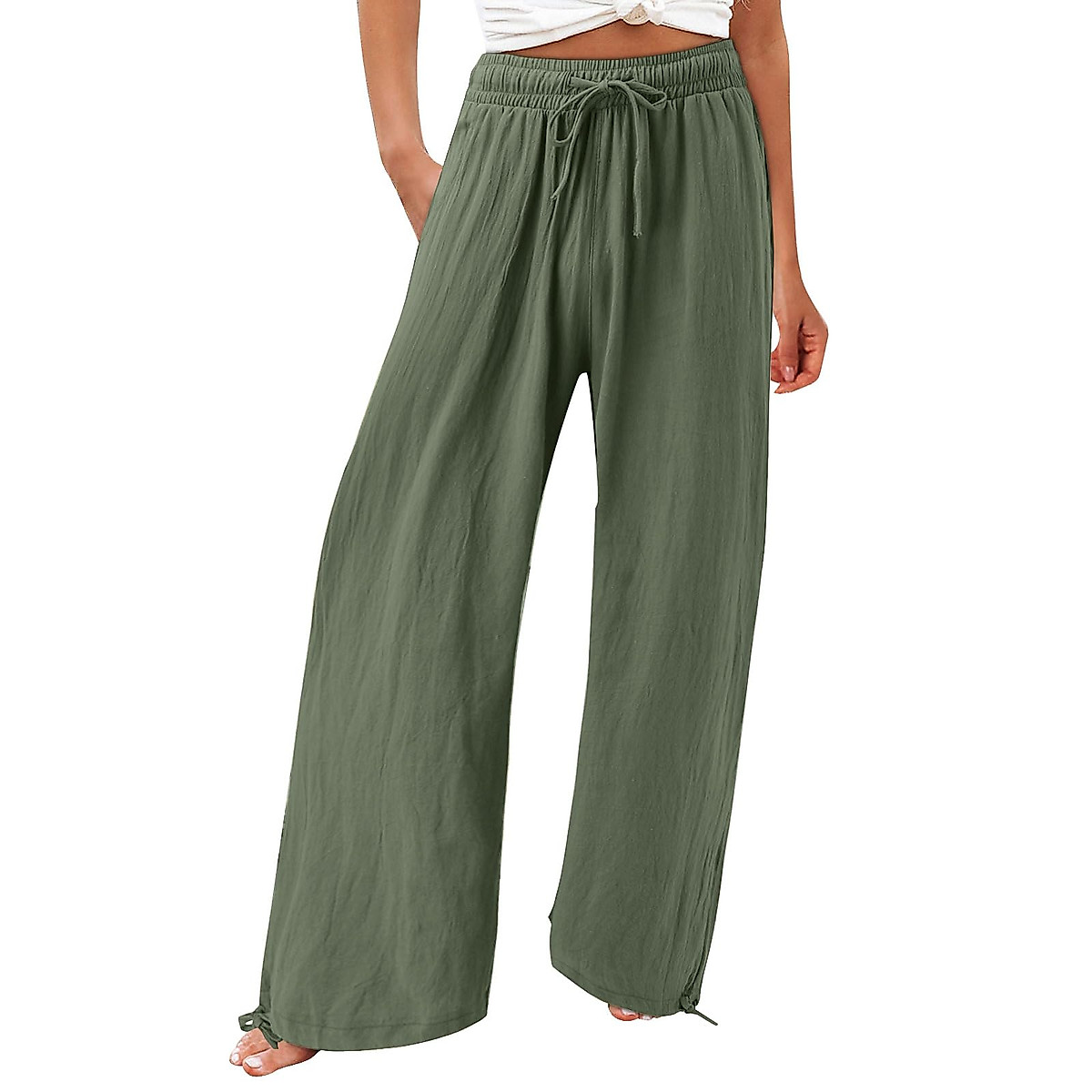 Linen Wide Leg Palazzo Pants - Summer Boho Beach Casual Pants with Pockets, High Waisted, Elastic Waist, Drawstring, Comfy Loose Trousers