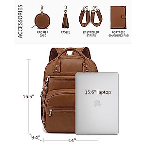 ROSEGIN Vegan Leather Diaper Bag Backpack with Changing Pad and Pacifier Holder, Multi-Functional Baby Bag for Boy Girl, Waterproof for Travel, Perfect Baby Shower Gifts for Mom, Dad, Newborn, Brown