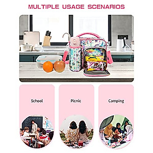IvyH Kids Lunch Bag with Bottle Holder, Children Lunch Box with 3 Compartments, Unicorn Girls Insulated Lunchbox Bag Tote for School Travel Snacks Carrier, Pink
