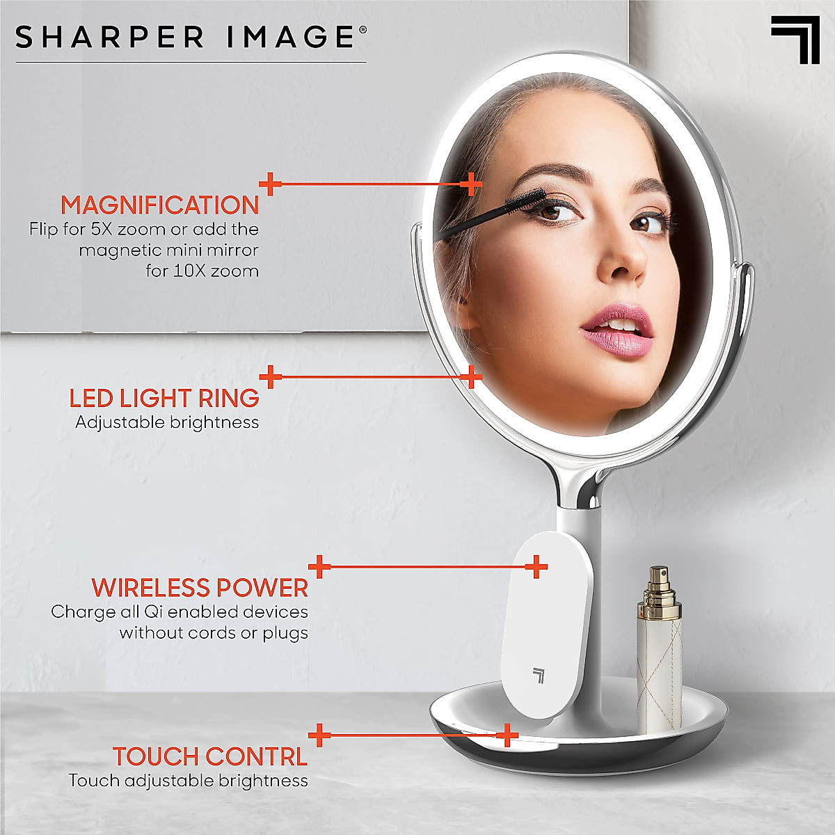 Sharper Image® SpaStudio™ 8” Vanity Mirror - Wireless Qi Charging Pad, Dimmable LED Halo Light Ring, 10X & 5X Magnification, Cosmetic Makeup Skincare Essential, Aesthetic Room Desk Decor Storage