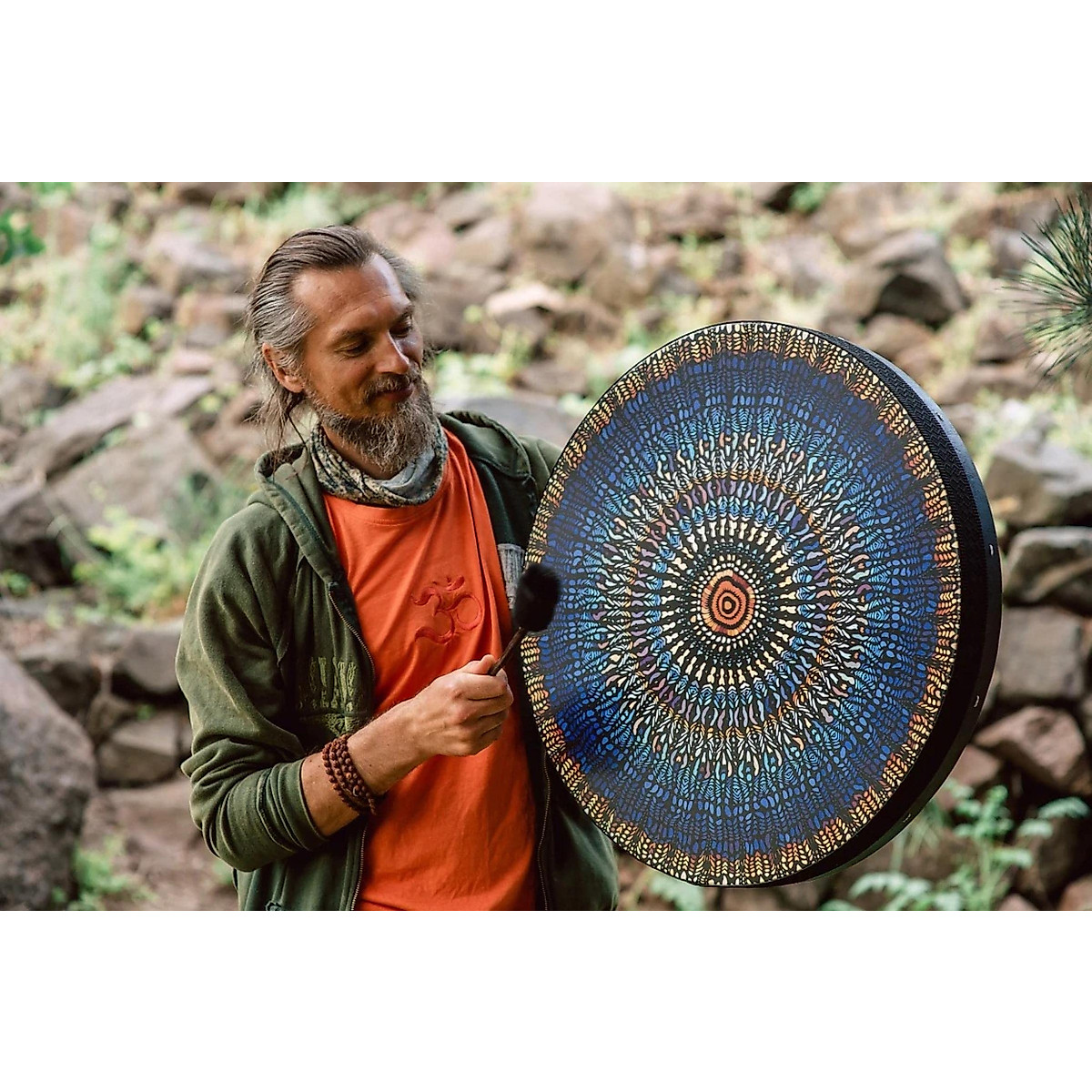 SYLALE Shaman drum percussion frame drum handmade deep bass therapy tool sound therapy instrument 9.9x9.9 inches Shaman drum blue