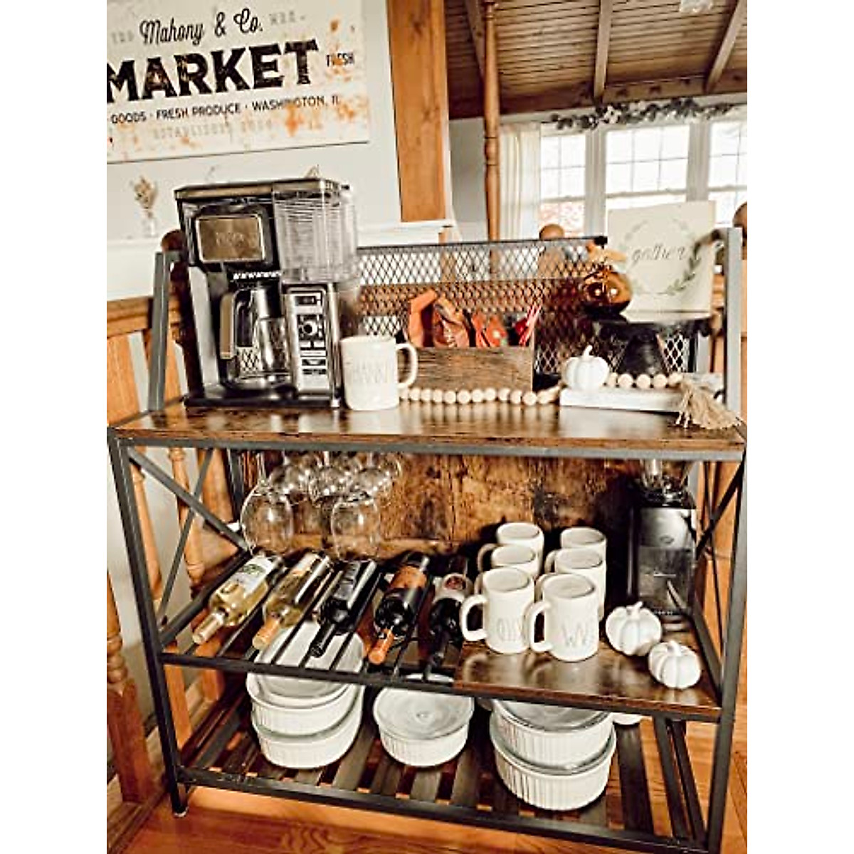 Bestier Bar Table with Storage Coffee Bar Cabinets for Liquor and Glasses, Wine Rack Freestanding Floor with Glass Holder for Home Kitchen Dining Room Basement,Rustic Brown